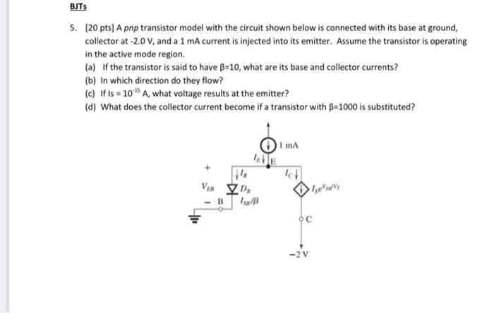 Solved BJTS 5. (20 pts) A pnp transistor model with the | Chegg.com