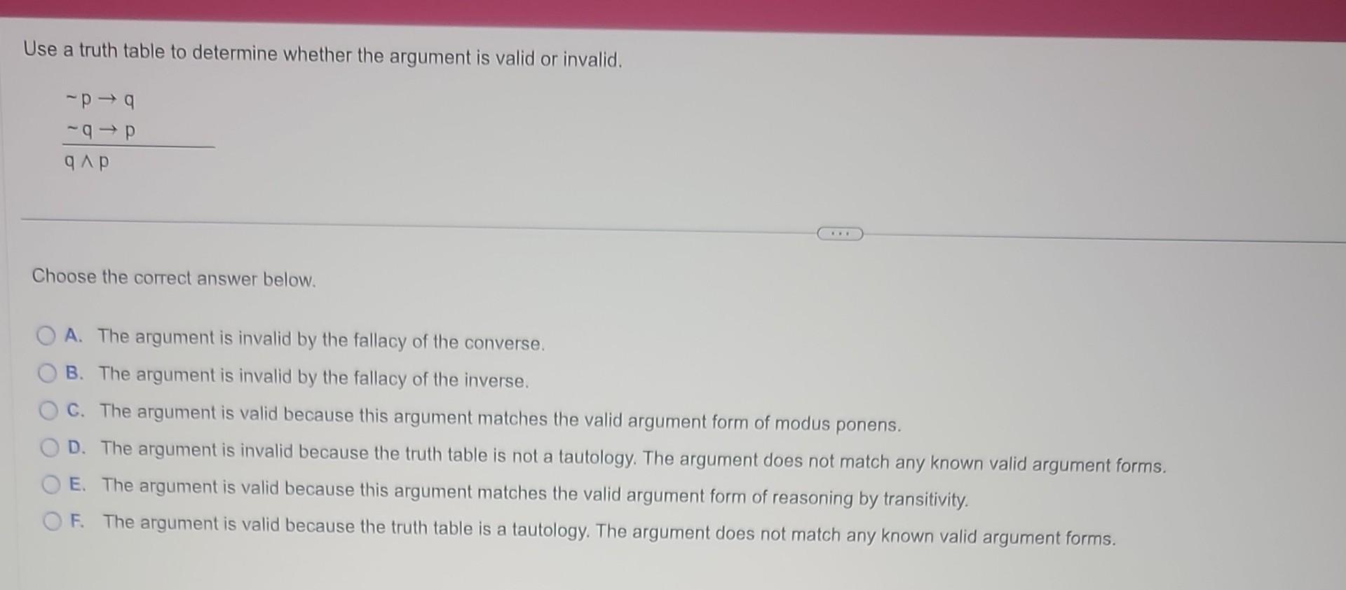 Solved Use a truth table to determine whether the argument | Chegg.com