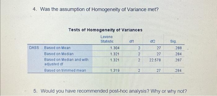 Solved 4. Was the assumption of Homogeneity of Variance met? | Chegg.com