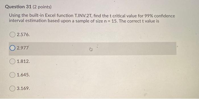 Solved Question 31 (2 points) Using the built-in Excel | Chegg.com