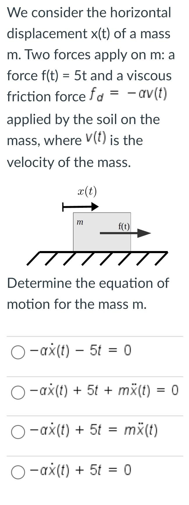 Solved We consider the horizontal displacement x(t) of a | Chegg.com