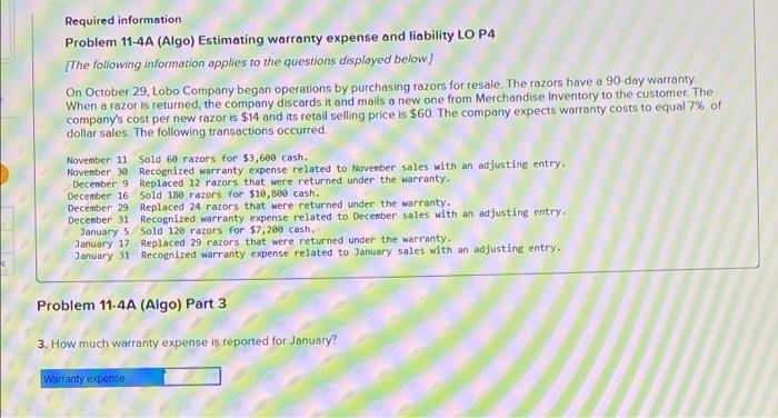 Solved Problem 11-4A (Algo) Estimating warranty expense and | Chegg.com