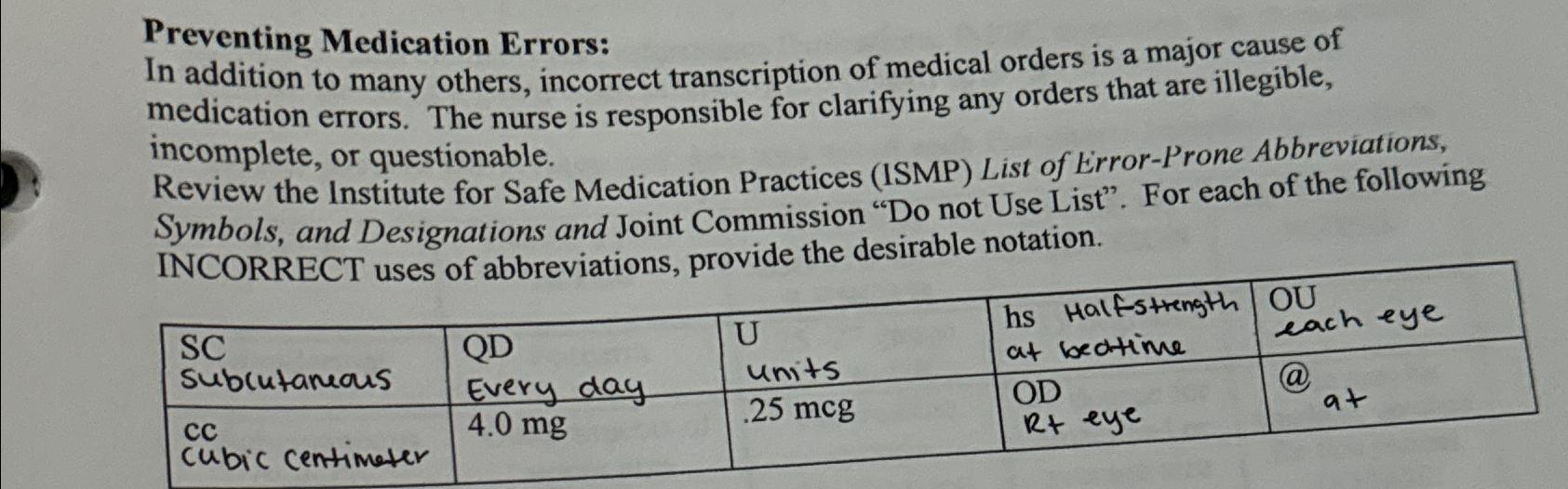 Solved Preventing Medication Errors:In addition to many | Chegg.com
