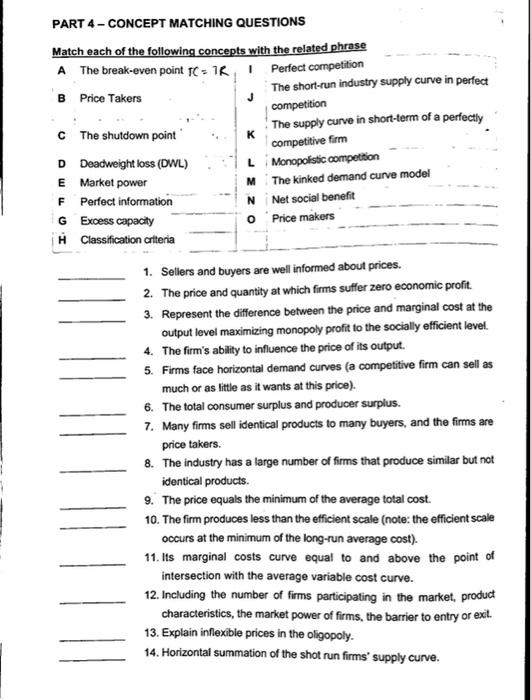 Solved PART 4 - CONCEPT MATCHING QUESTIONS Match each of the | Chegg.com