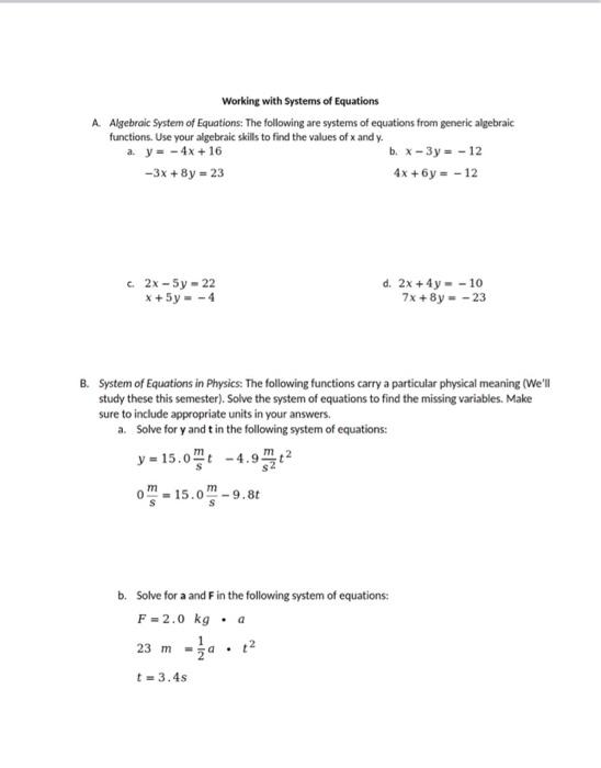 Solved A Algebraic System Of Equations The Following Are