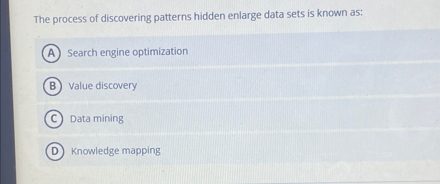 Solved The process of discovering patterns hidden enlarge | Chegg.com