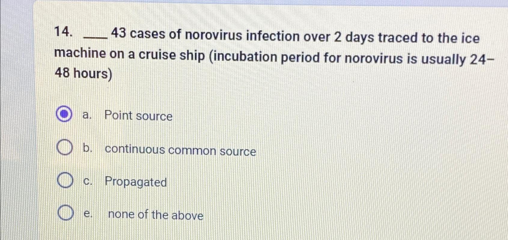 Solved 43 ﻿cases of norovirus infection over 2 ﻿days traced | Chegg.com