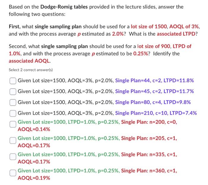 Solved Based on the Dodge-Romig tables provided in the | Chegg.com