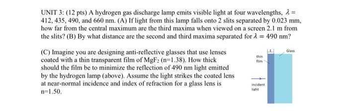 Solved UNIT 3: (12 pts) A hydrogen gas discharge lamp emits | Chegg.com