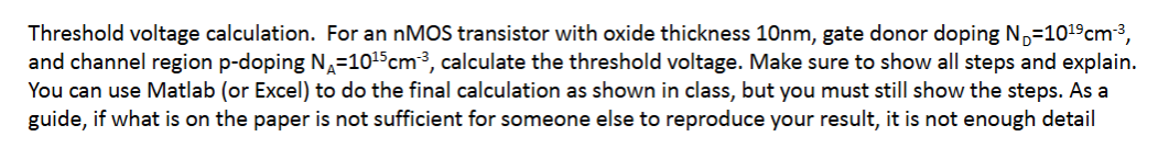 Solved Threshold voltage calculation. For an ﻿nMOS | Chegg.com