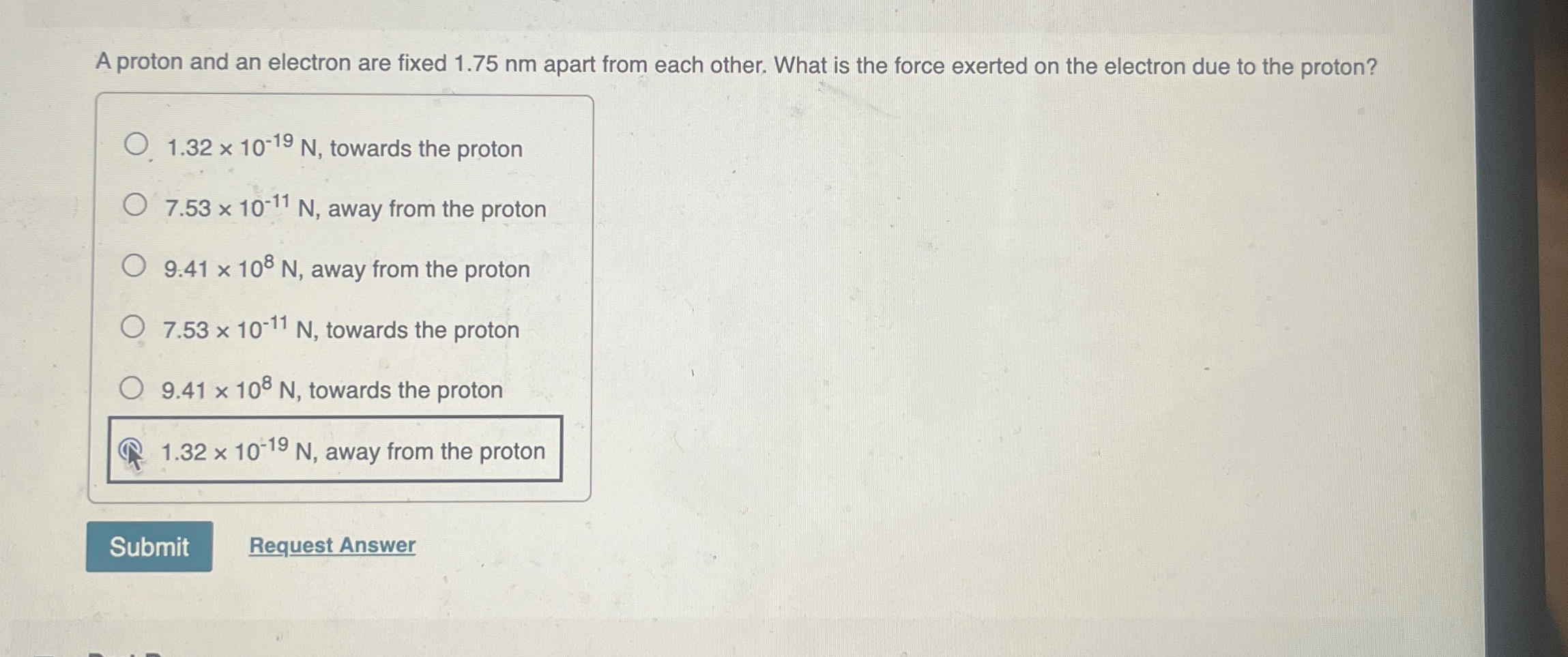 Solved A proton and an electron are fixed 1.75nm ﻿apart from | Chegg.com