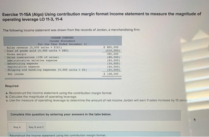 Solved Exercise 11-15A (Algo) Using contribution margin | Chegg.com