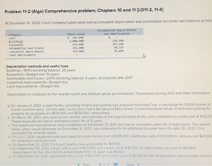 Problem 11-2 (Algo) Comprehensive problem; Chapters | Chegg.com