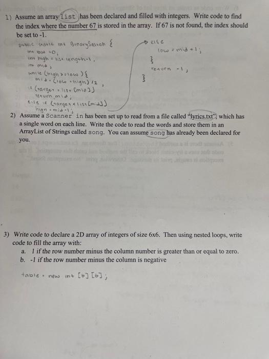 Solved 1) Assume an array list has been declared and filled | Chegg.com