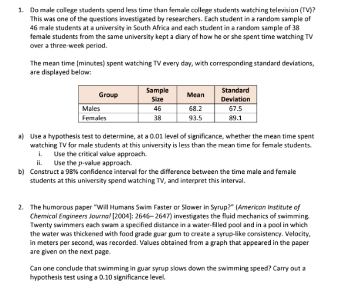 Solved 1. Do male college students spend less time than | Chegg.com