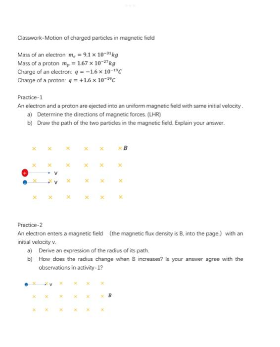 Solved Classwork-Motion of charged particles in magnetic | Chegg.com