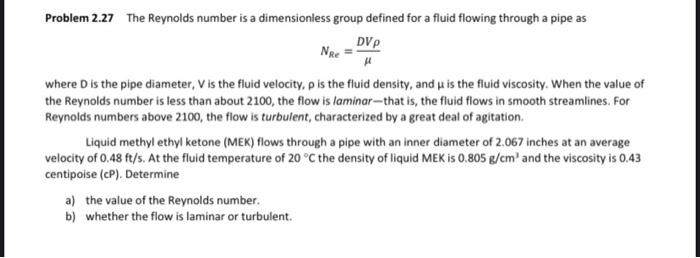 Solved Problem 2.27 The Reynolds number is a dimensionless | Chegg.com