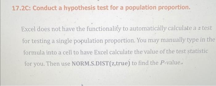 Solved 17.2C: Conduct a hypothesis test for a population | Chegg.com