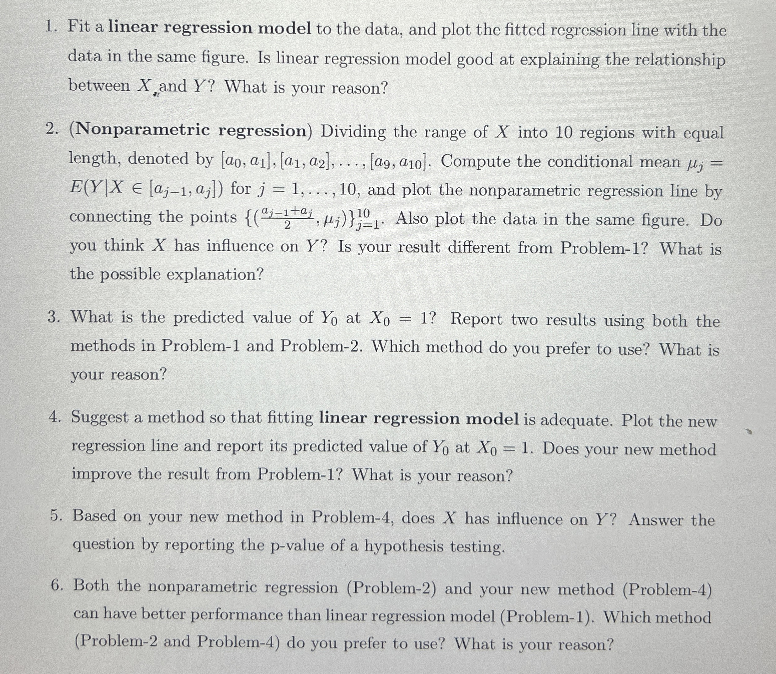 Solved Fit a linear regression model to the data, and plot | Chegg.com