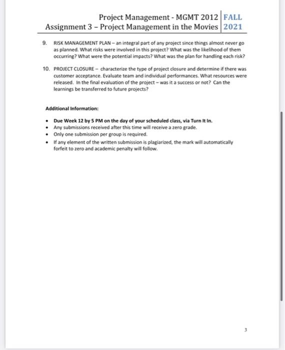 Solved Project Management - MGMT 2012 FALL Assignment 3 - | Chegg.com