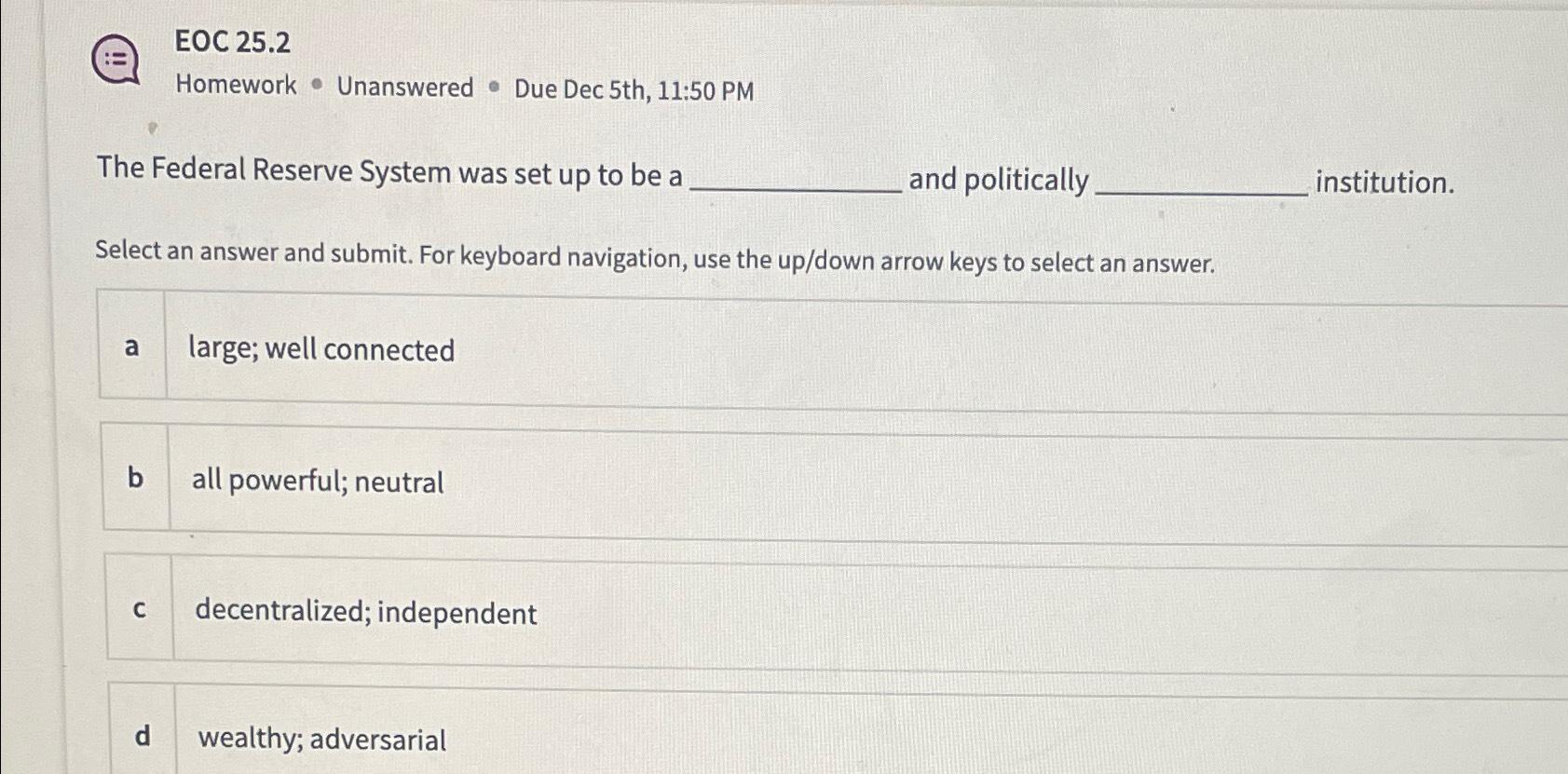 Solved EOC 25.2Homework * ﻿Unanswered - ﻿Due Dec 5th, 11:50 | Chegg.com