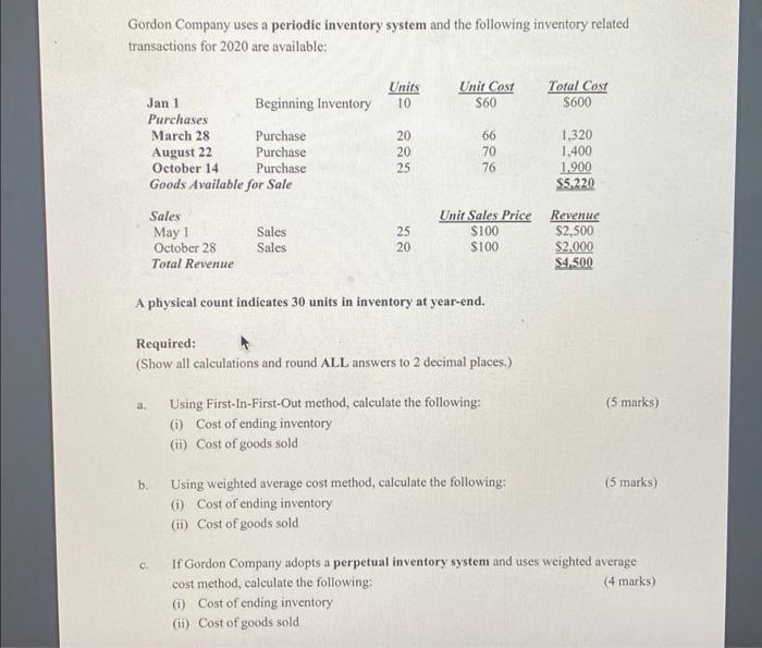 Solved Gordon Company uses a periodic inventory system and | Chegg.com
