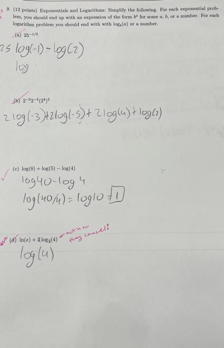 Solved 9. (12 points) Exponentials and Logarithms: Simplify | Chegg.com