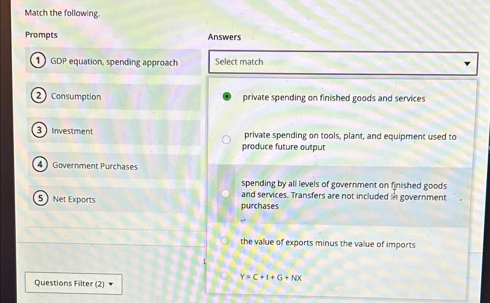 Solved Match the following.PromptsGDP equation, spending | Chegg.com