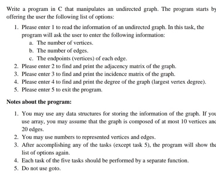 Solved Write A Program In C That Manipulates An Undirected