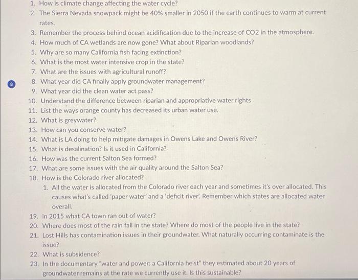 Solved 1. How is climate change affecting the water cycle? | Chegg.com