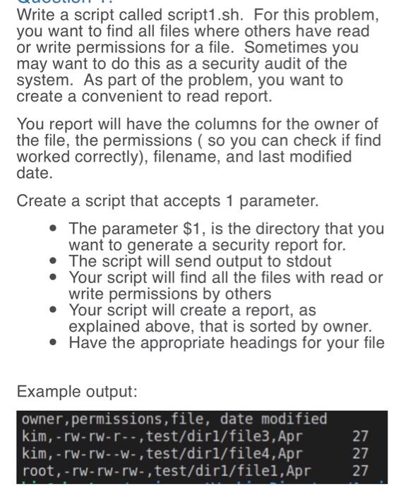 Solved Write a script called script1.sh. For this problem, | Chegg.com