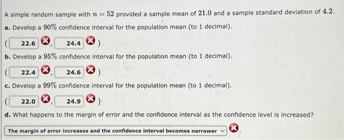 Solved A simple random sample with n=52 provided a sample | Chegg.com