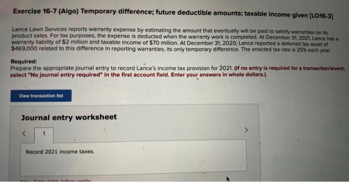 Solved Exercise 16−7 (Algo) Temporary difference; future | Chegg.com