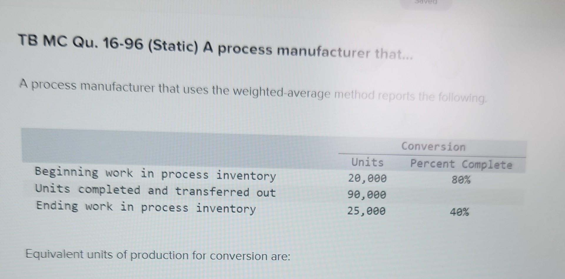 Solved TB MC Qu. 16-96 (Static) A process manufacturer | Chegg.com