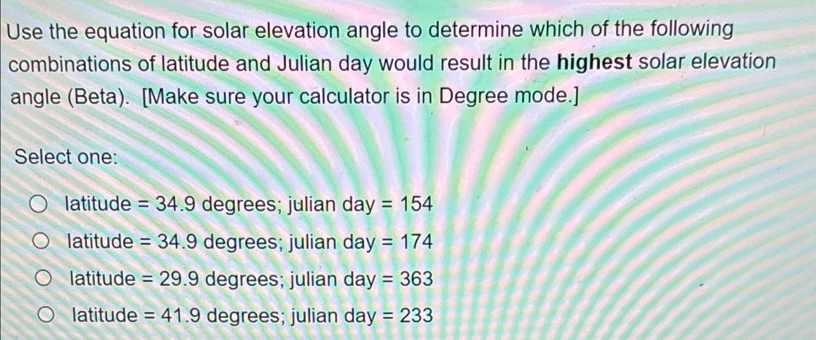 Solved Use the equation for solar elevation angle to | Chegg.com
