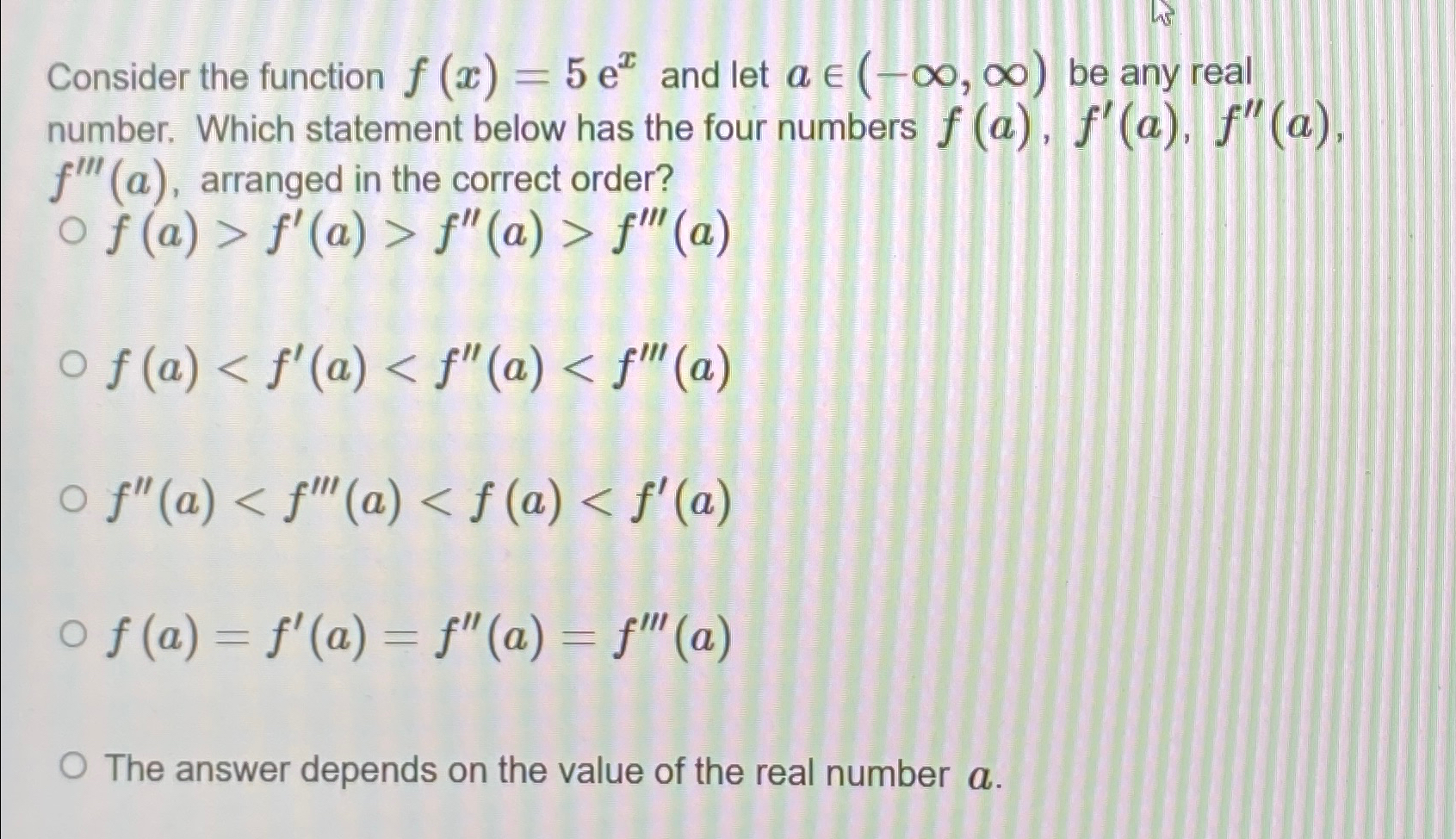 Solved Consider the function f(x)=5ex ﻿and let ain(-∞,∞) ﻿be | Chegg.com