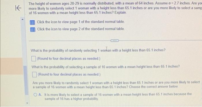 Solved The height of women ages 20−29 is normally | Chegg.com