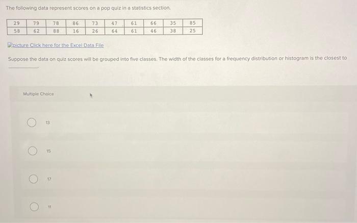 Solved The following data represent scores on a pop quiz in | Chegg.com