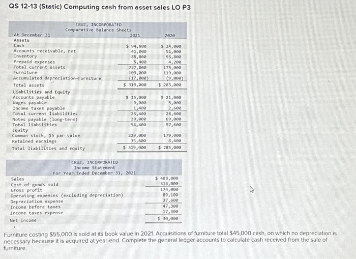 Solved QS 12−13 (Static) Computing cash from osset sales LO | Chegg.com