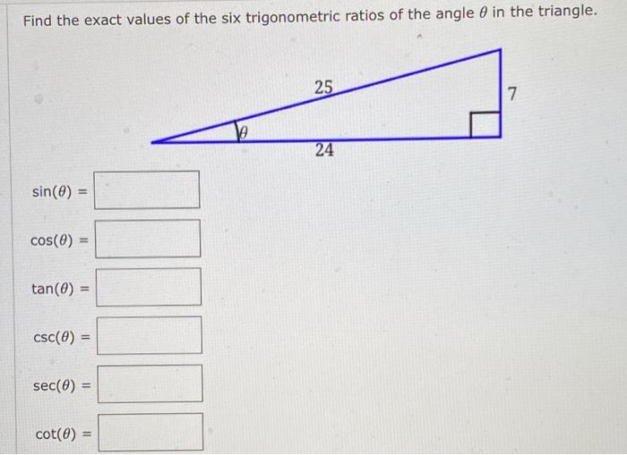 Solved Find the exact values of the six trigonometric ratios | Chegg.com