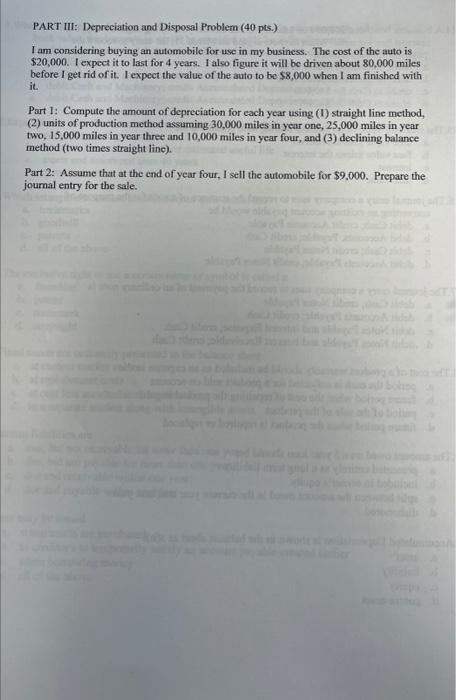 Solved PART III: Depreciation and Disposal Problem (40 pts.) | Chegg.com
