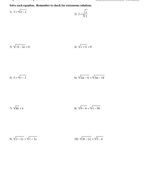 Solved Solve each equation. Remember to check for extraneous | Chegg.com