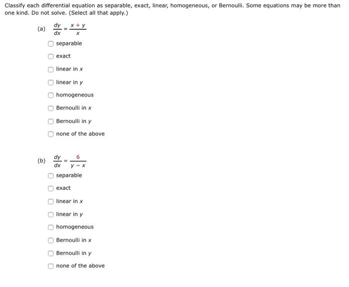 Solved Classify each differential equation as separable, | Chegg.com