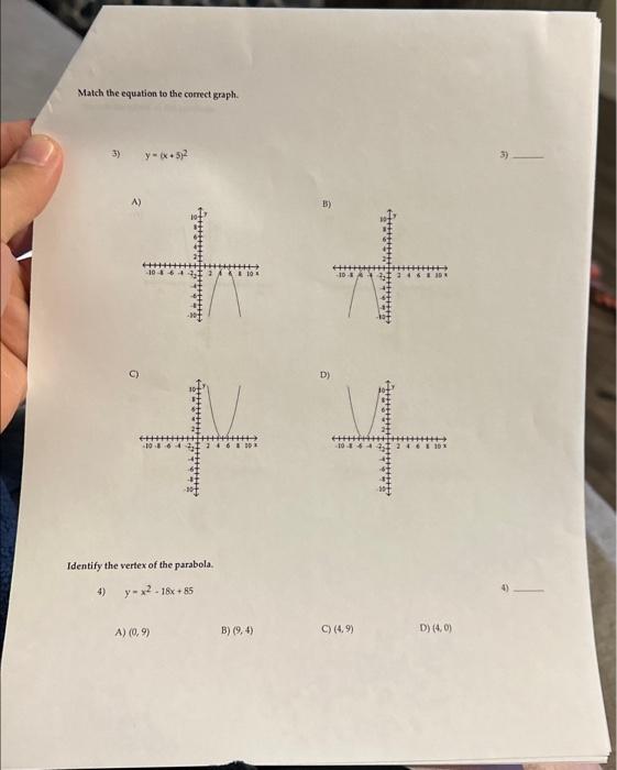 Solved Match the equation to the correct graph. 3) y=(x+5)2 | Chegg.com