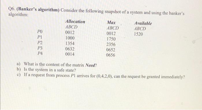 Solved Q6. (Banker's algorithm) Consider the following | Chegg.com