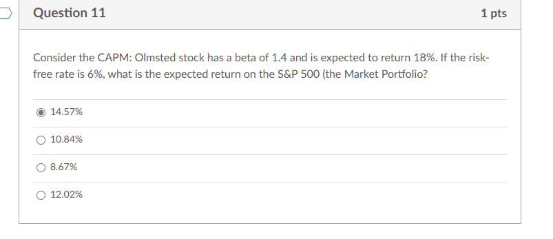 Solved Question 11Consider the CAPM: Olmsted stock has a | Chegg.com