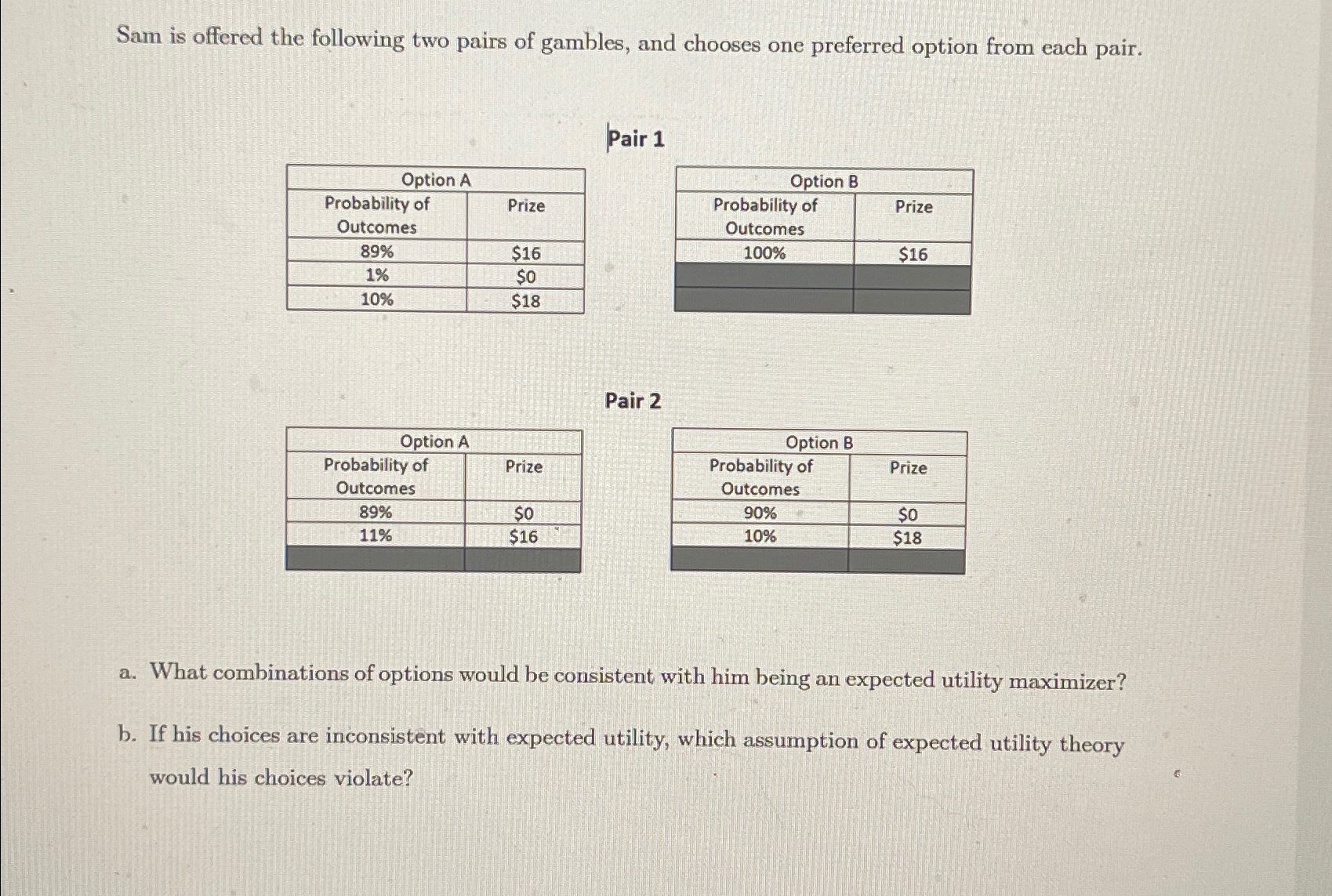 Solved Sam is offered the following two pairs of gambles, | Chegg.com