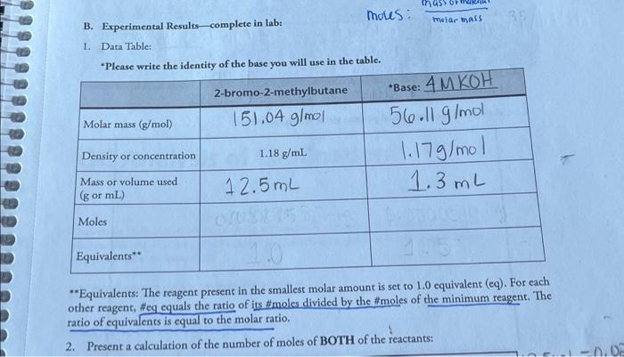 Solved B. Experimental Results complete in lab: 1. Data | Chegg.com