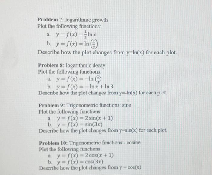 Solved Problem 7: logarithmic growth Plot the following | Chegg.com