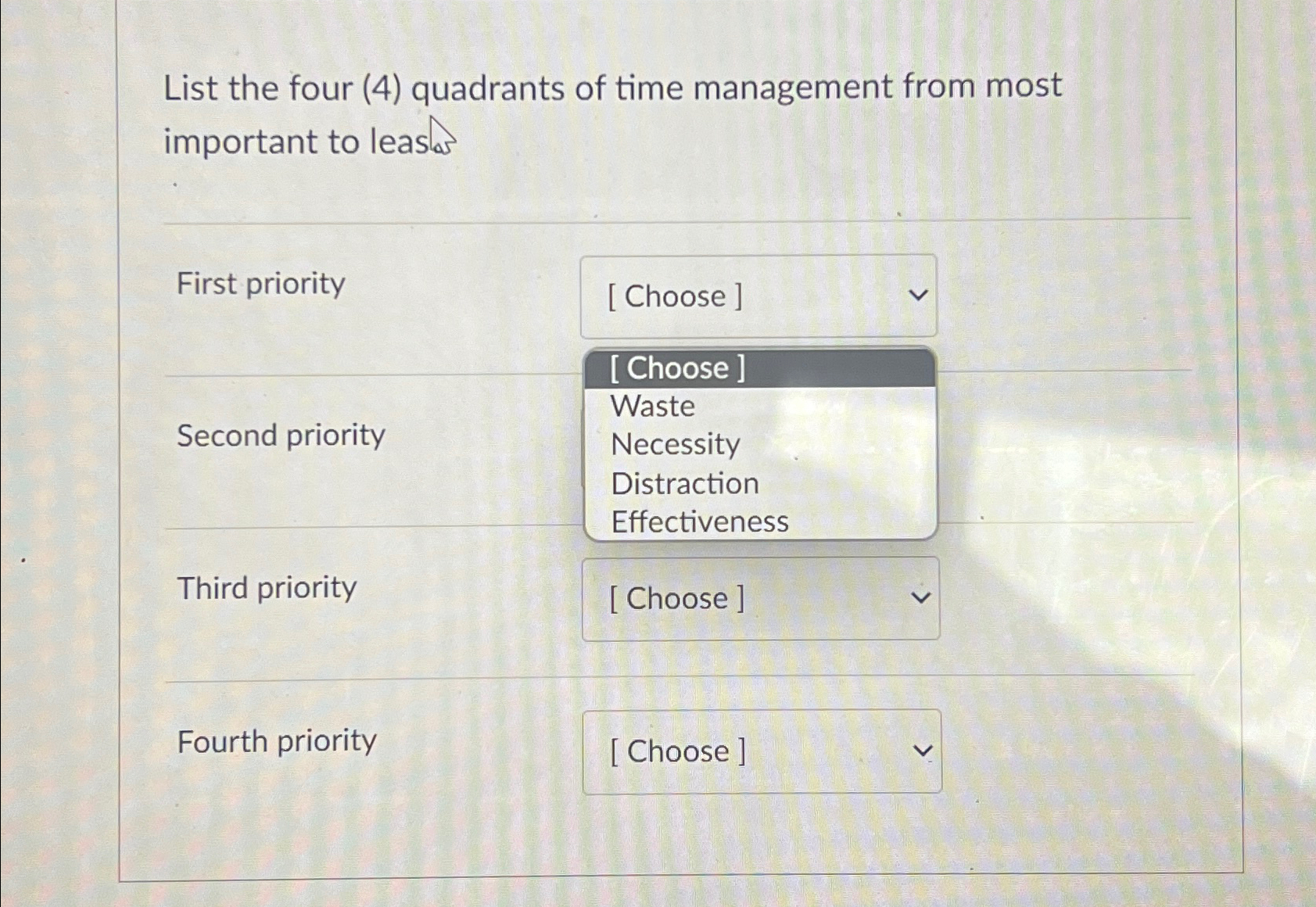 Solved List the four (4) ﻿quadrants of time management from | Chegg.com